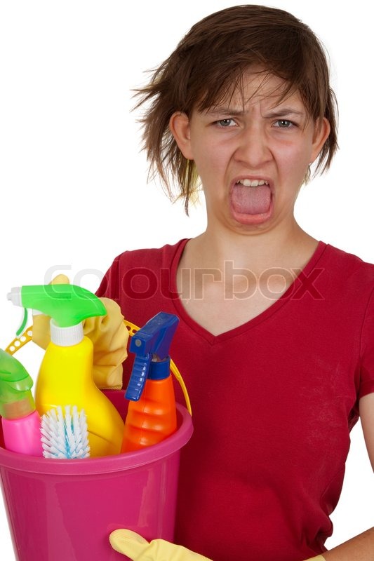 Young upset woman with cleaning tools ... | Stock image | Colourbox