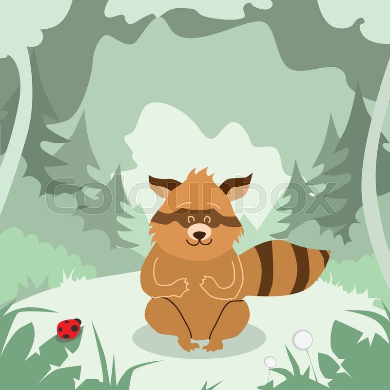 Cartoon Raccoon Green Forest Colorful ... | Stock vector | Colourbox