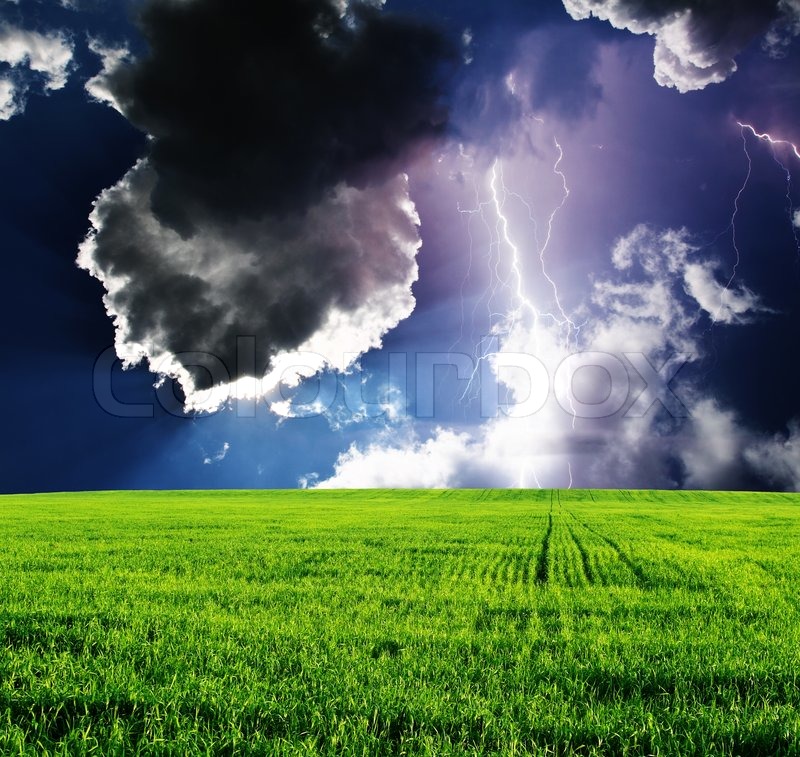 Thunderstorm with lightning in green ... | Stock image | Colourbox