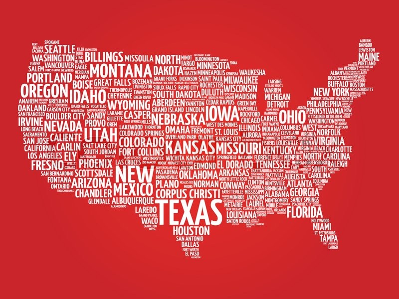 USA Map word cloud with most important ... | Stock vector | Colourbox