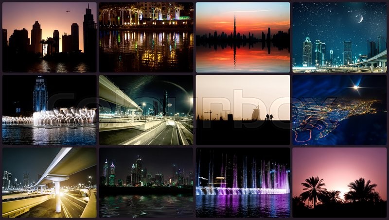 Collage night photos from Dubai. UAE | Stock image | Colourbox