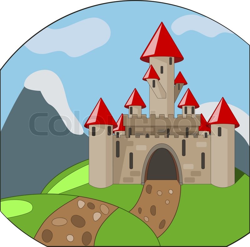Vector cartoon mittelalterlichen Burg im Hintergrund mit Bergen ...
