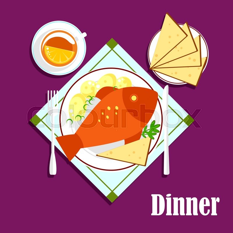 Seafood dinner with fried fish on ... | Stock vector | Colourbox