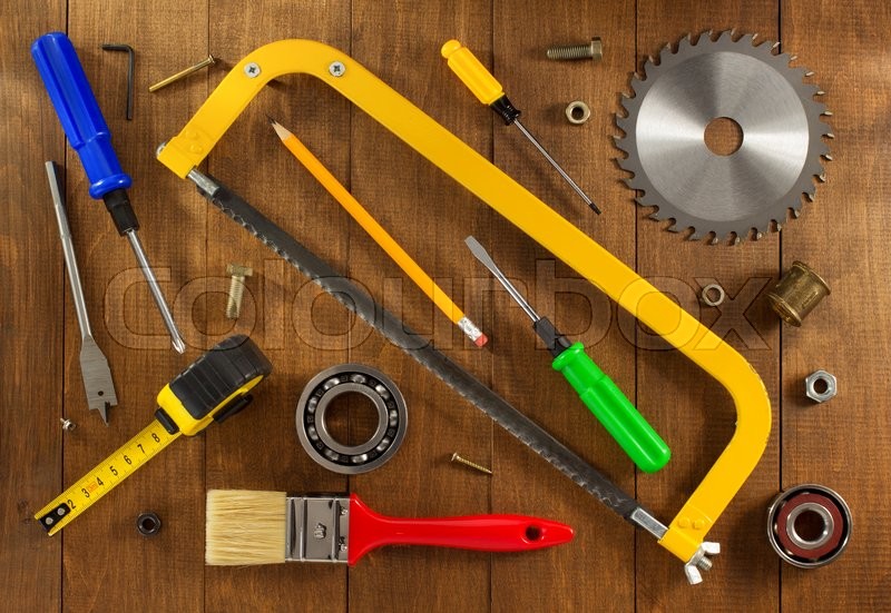 Set of tools and instruments on wooden ... | Stock image | Colourbox