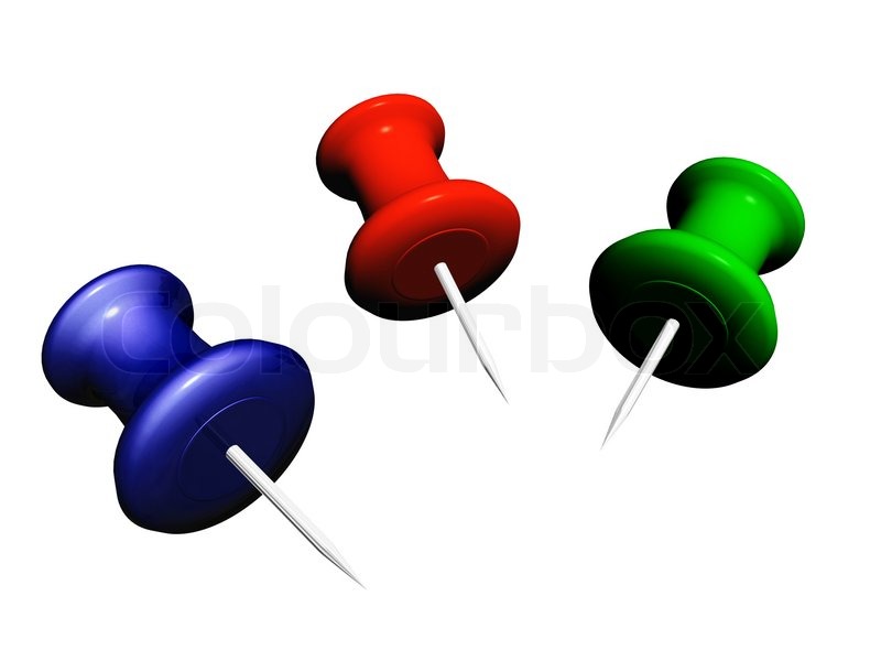 Three colored drawing pins isolated on ... | Stock image | Colourbox
