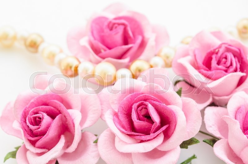 Pink rose with pearls on white ... | Stock image | Colourbox