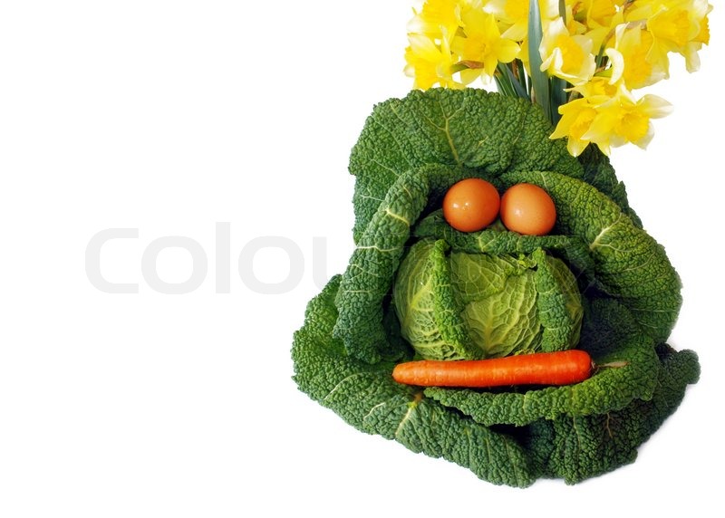 Head of cabbage over white with egg ... | Stock image | Colourbox