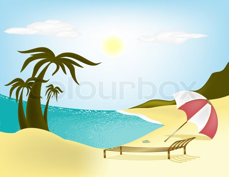 Illustration hav, strand , palmer og liggestole med paraply | stock ...