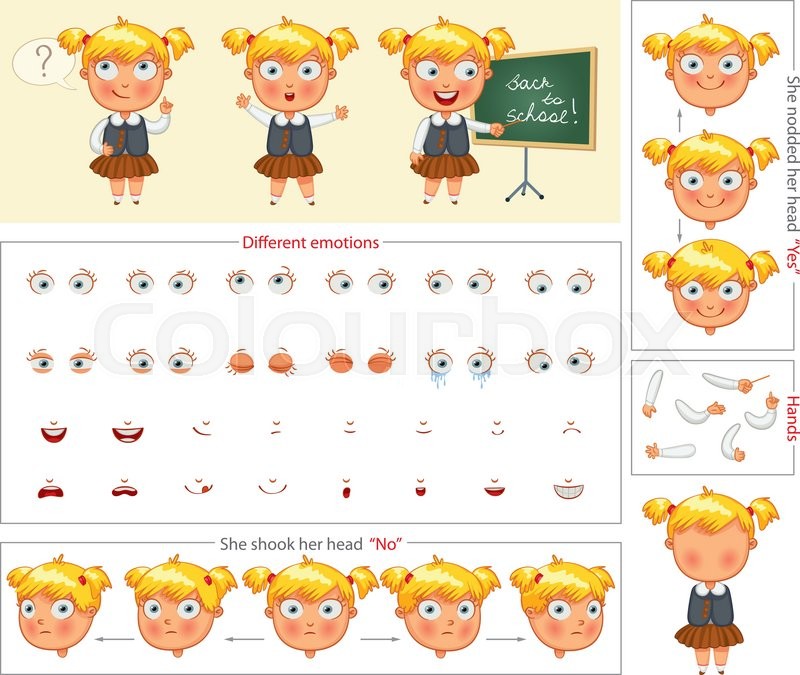 Schoolgirl. Parts of body template for design work and animation. Face ...