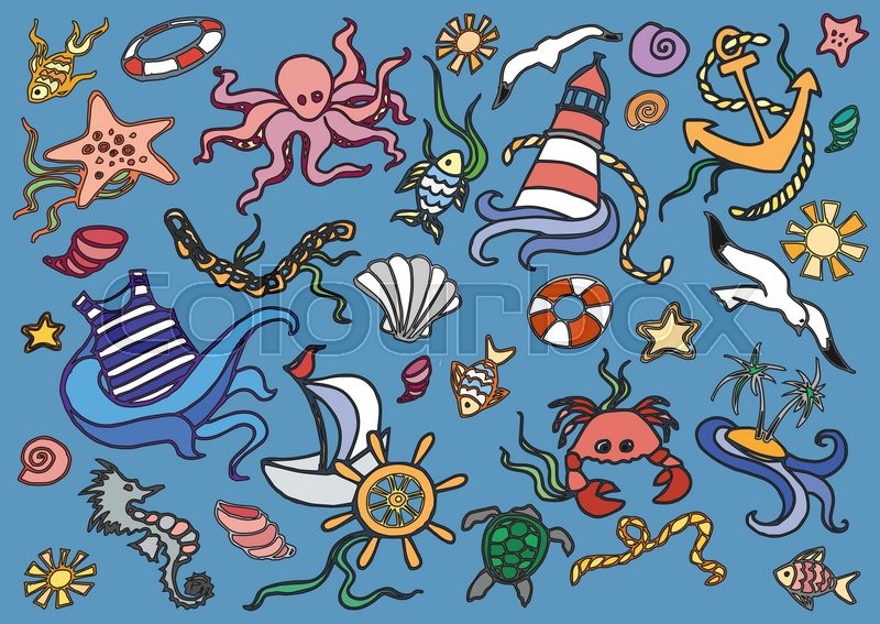Doodle vector set of sea, nautical ... | Stock vector | Colourbox