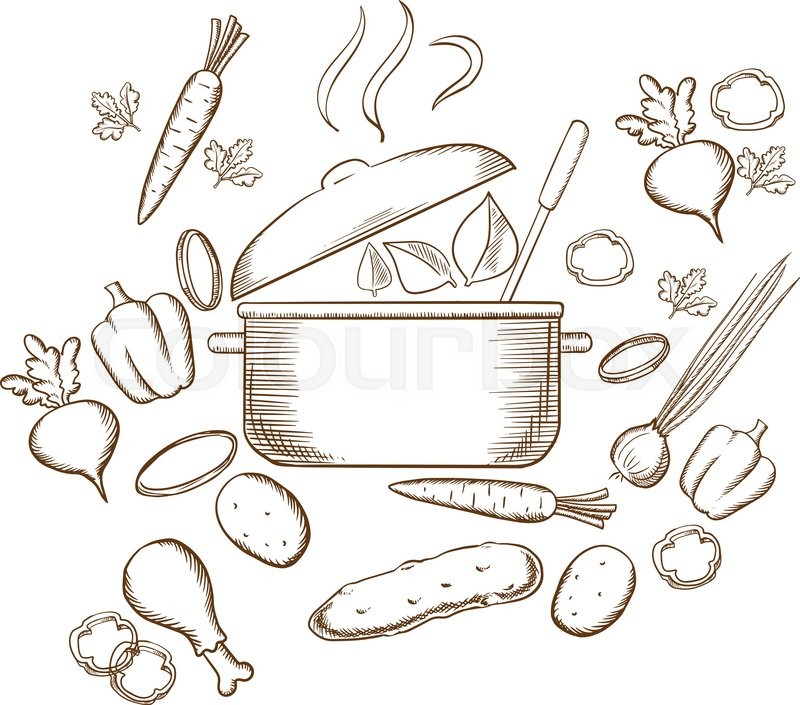 Preparing vegetable soup sketch design ... | Stock vector | Colourbox