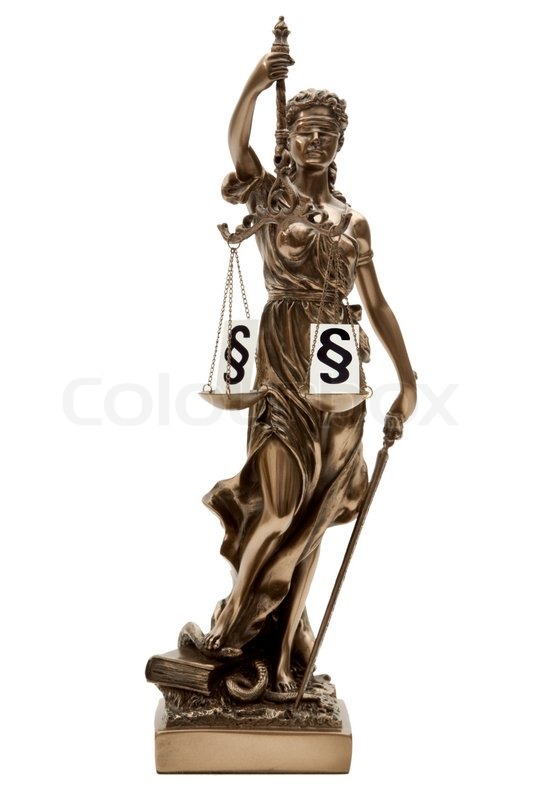 Figurine von Justitia mit Absatz Zeichen - isoliert auf weißem ...