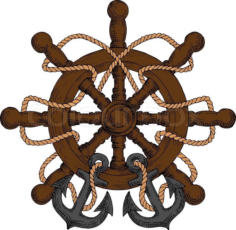 Old wooden ship helm with carved ... | Stock vector | Colourbox