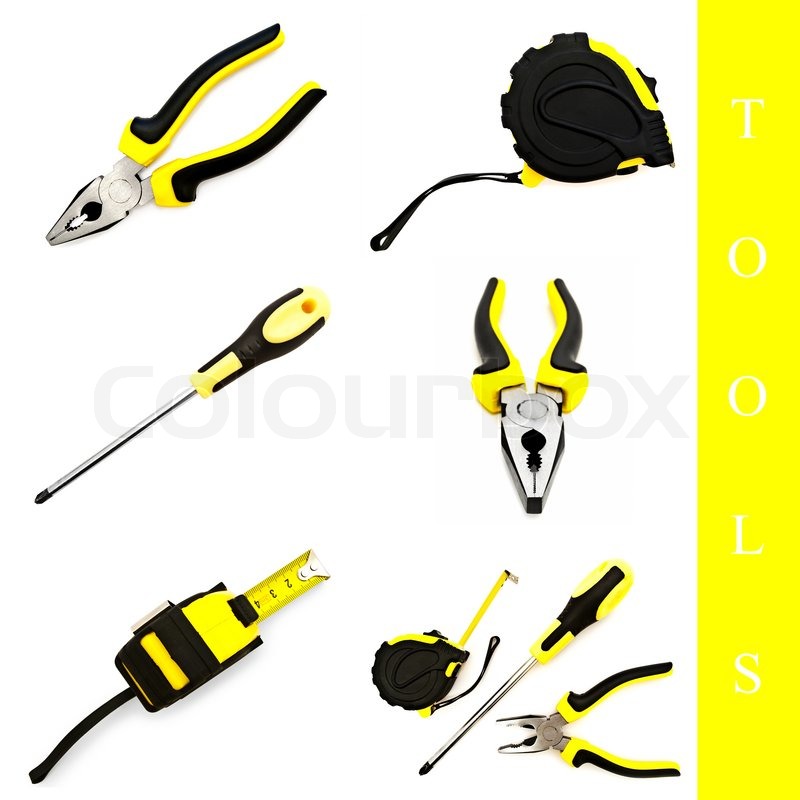 Set of different tools over white ... | Stock image | Colourbox