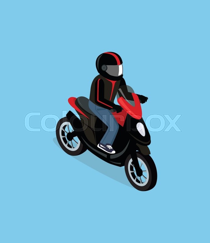 Flat 3d isometric motorcyclist on motorcycle. Motorbiker with ...