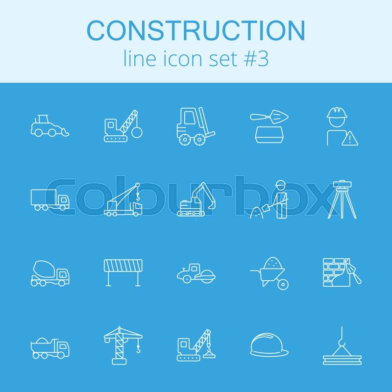 Construction icon set. Vector light blue icon isolated on dark blue ...