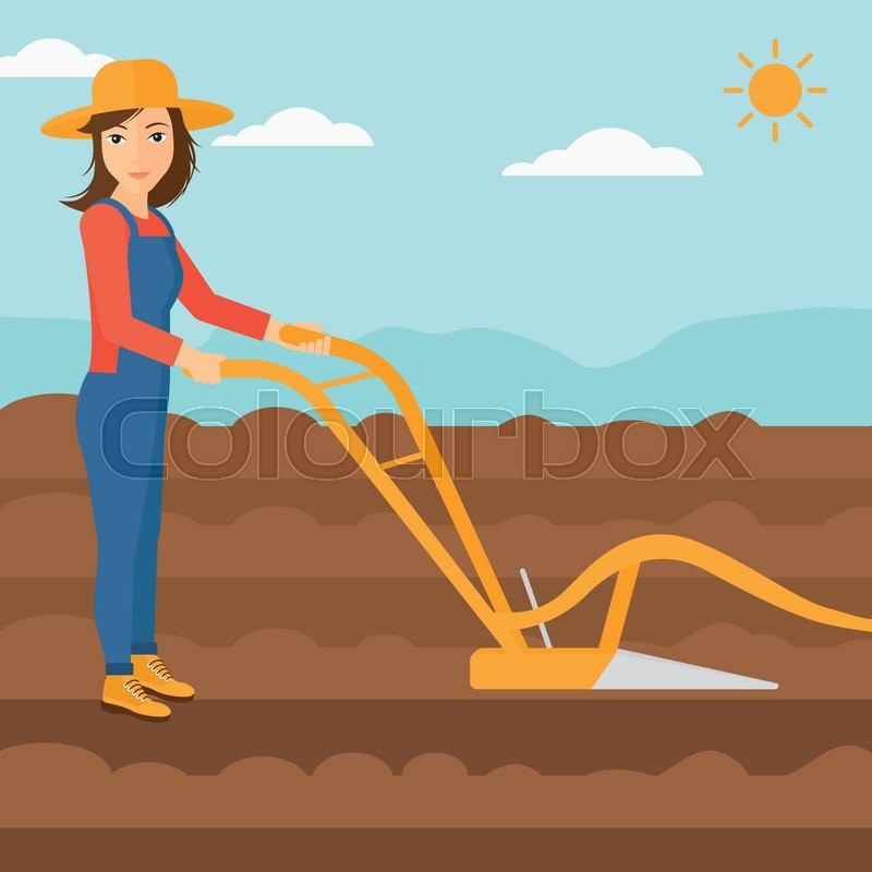 A woman using a plough on the ... | Stock vector | Colourbox
