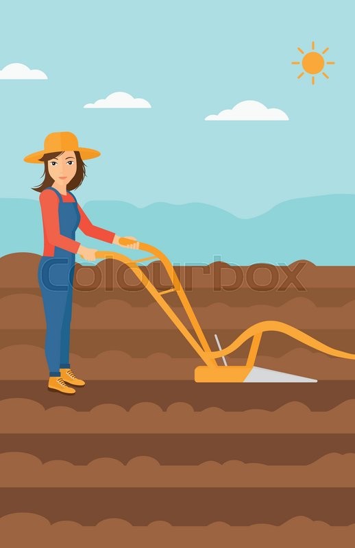 A woman using a plough on the ... | Stock vector | Colourbox