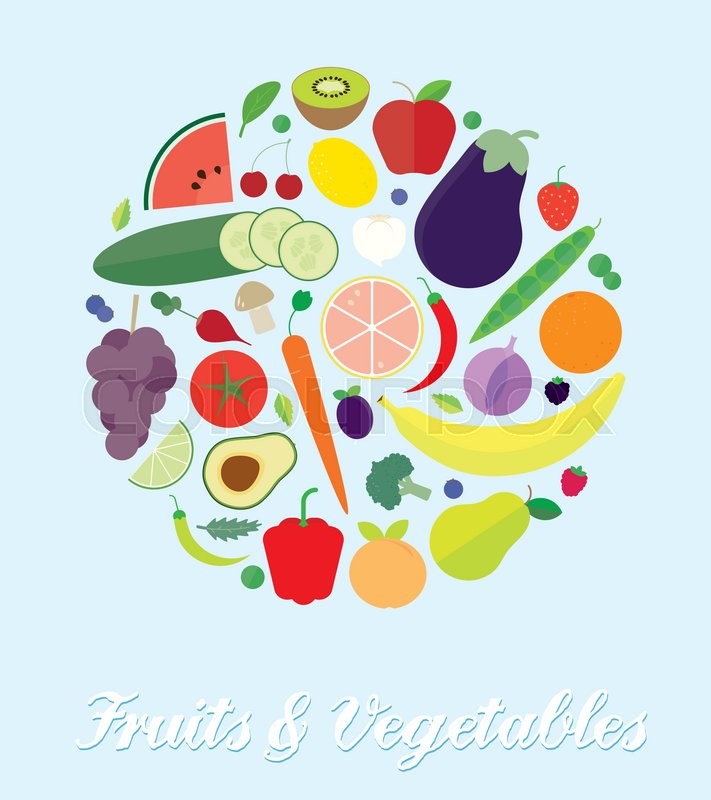 Simple Illustration of various fruits and vegetables arranged in a circle. Flat design, no ...