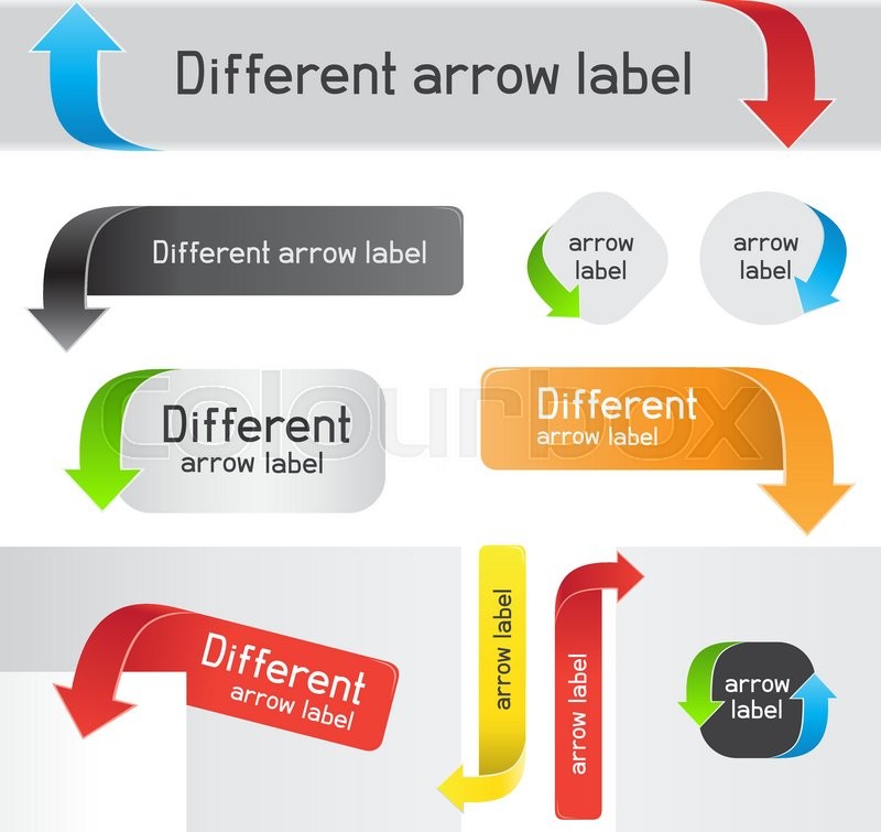 Different label mark pointer arrows on a white background. Colored ...