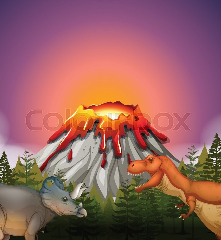 Two dinosaurs living by the volcano ... | Stock vector | Colourbox