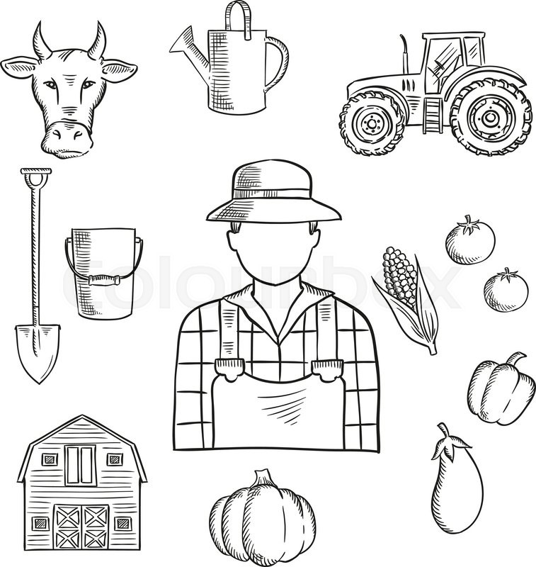 Sketch of farmer or farm worker with ... | Stock vector | Colourbox