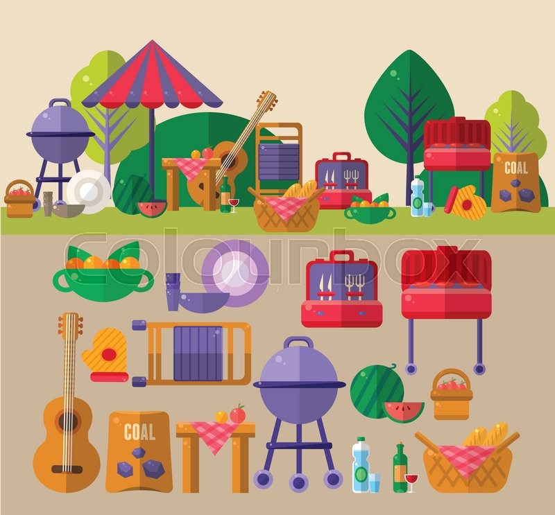 Barbeque Outdoors Object Flat Cartoon ... | Stock vector | Colourbox
