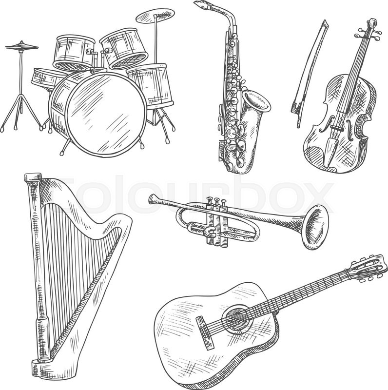 Saxophone, violin, drum set, acoustic ... | Stock vector | Colourbox