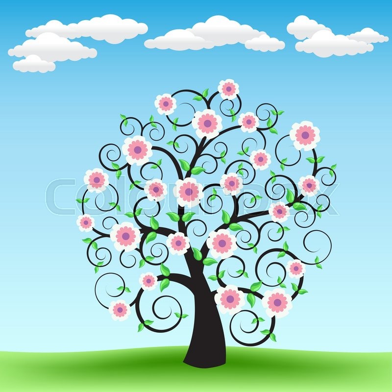 The blooming cartoon tree on the ... | Stock vector | Colourbox