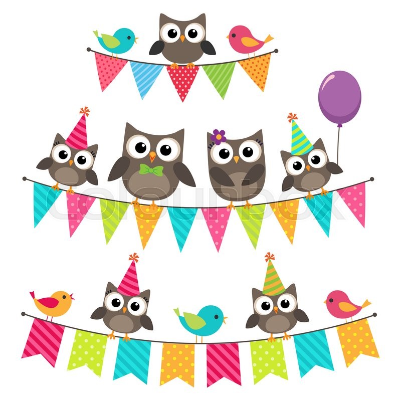 Set of vector birthday party elements with family of cute owls sitting ...