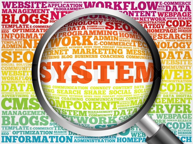 SYSTEM word cloud with magnifying ... | Stock image | Colourbox