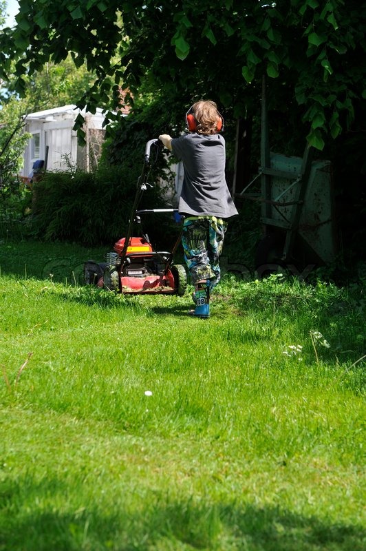 Young boy cutting the grass | Stock image | Colourbox