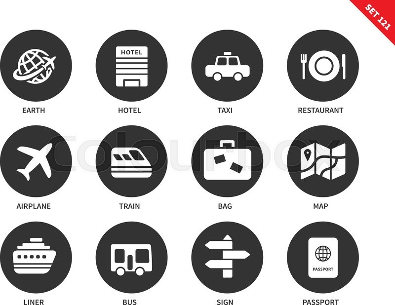 Travel vector icons set. Journey and transportation items, earth, hotel ...