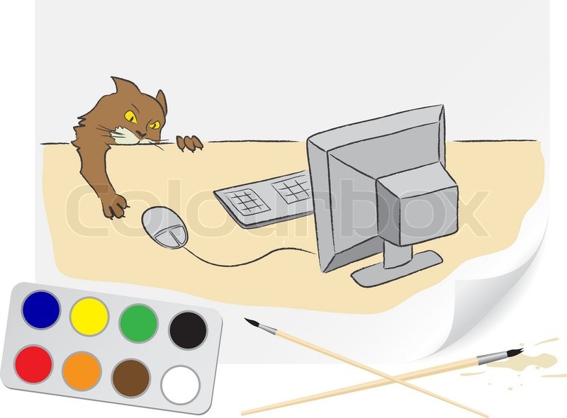 Children drawing of cat and computer a ... | Stock vector | Colourbox