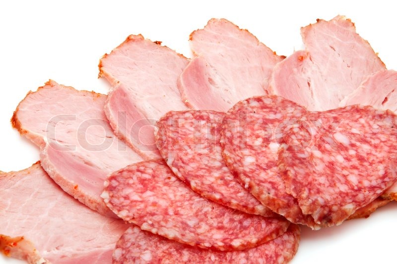 Even so delicious ham and salami slice on a white background | Stock ...