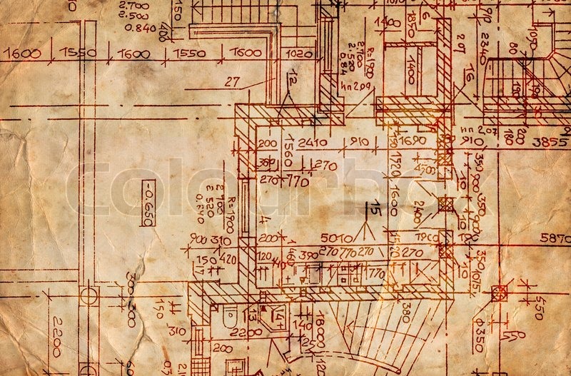 Vintage architectural drawing, on grunge paper with some stains | Stock ...