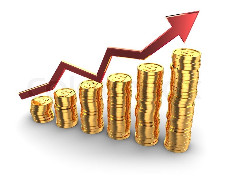 3D-Darstellung von Münzen steigenden Charts mit Pfeil auf weißem ...