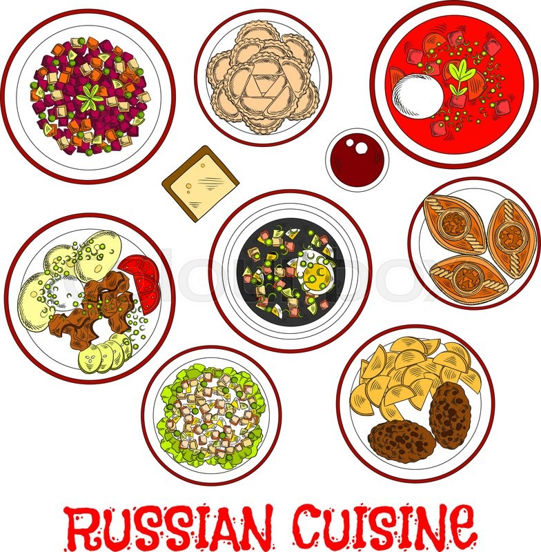 National dishes of russian cuisine for ... | Stock vector | Colourbox
