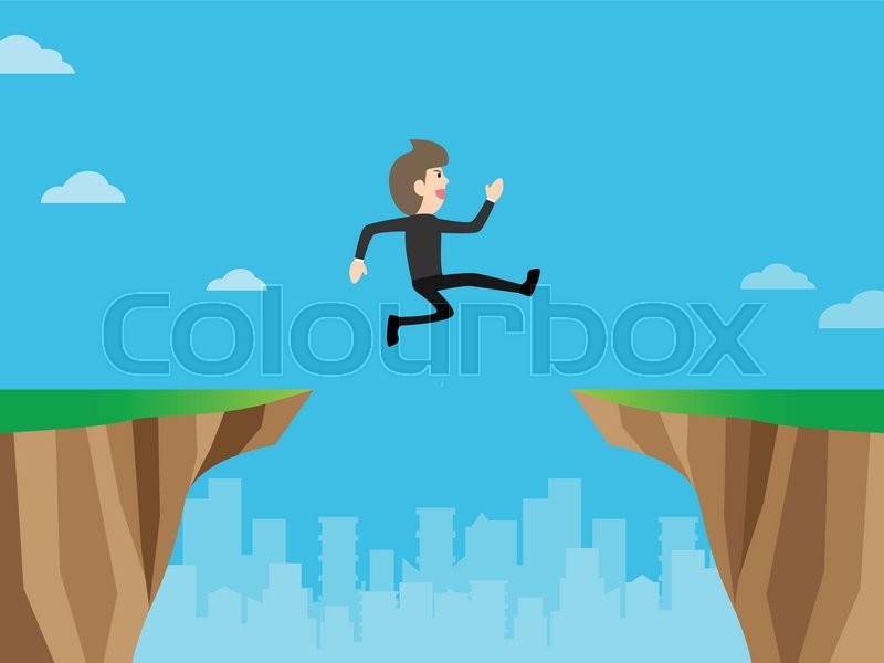 Businessman overcome fears jump over ... | Stock vector | Colourbox
