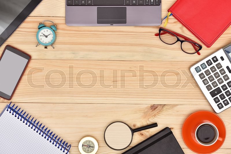 Business object on wooden table, top ... | Stock image | Colourbox