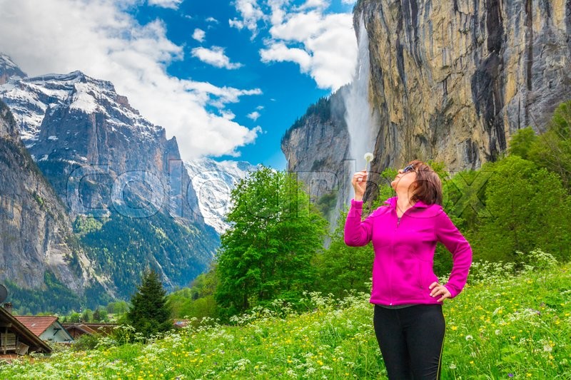 Hiking in Swiss Alps in spring. ... | Stock image | Colourbox
