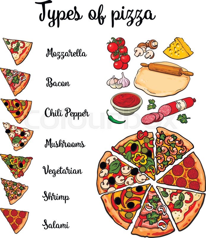 Set of various types of pizza and ... | Stock Vector | Colourbox