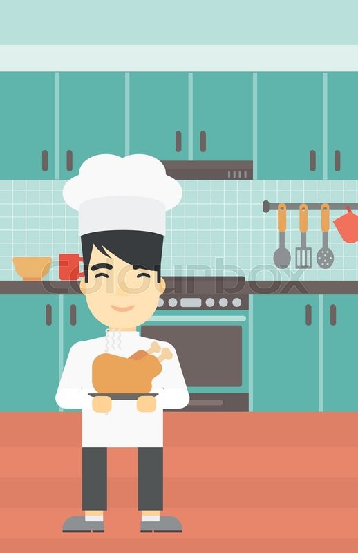 An asian chief cooker holding roasted ... | Stock vector | Colourbox