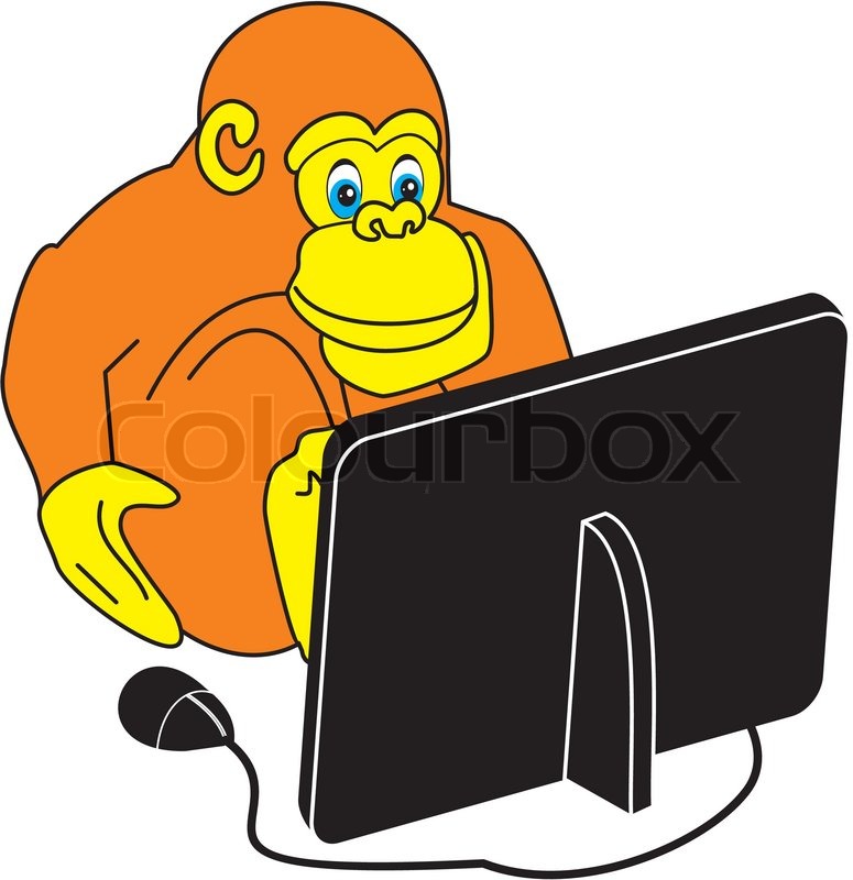 Vector image of monkey behind work on computer - animated cartoon, joke ...