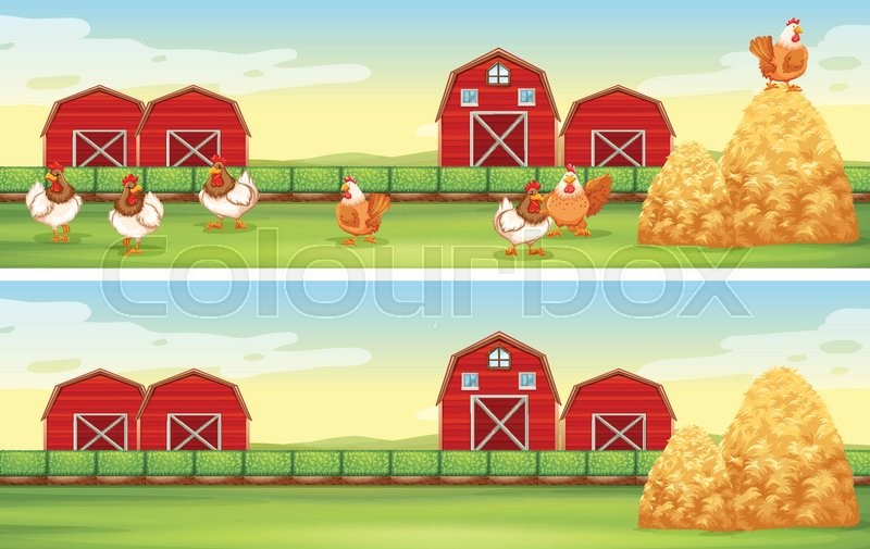 Chickens and barn in the farmyard ... | Stock vector | Colourbox