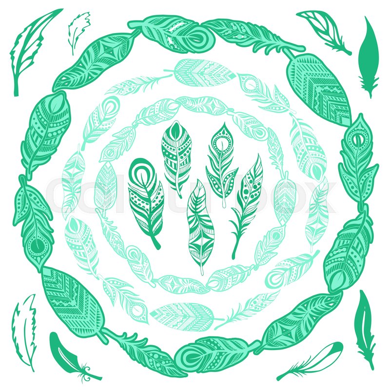 Round frame with feathers. Feathers ... | Stock vector | Colourbox