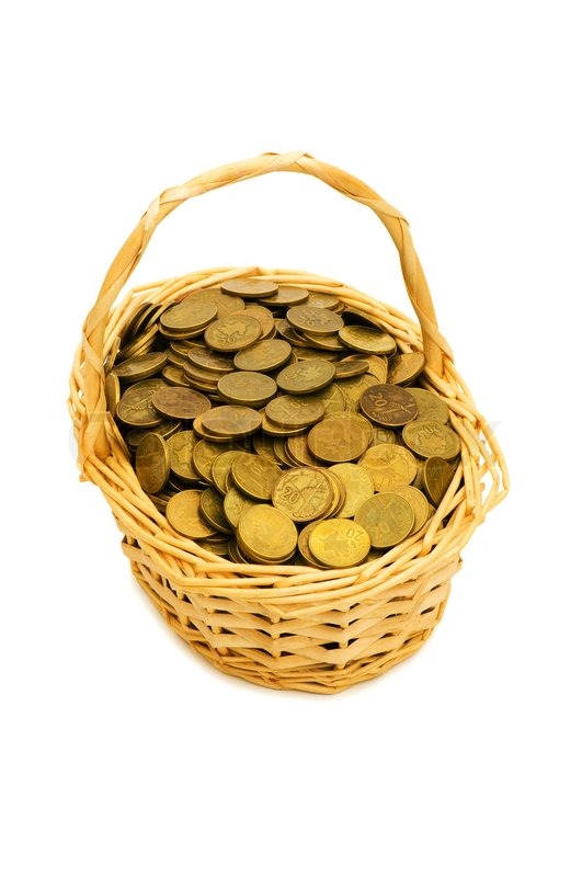 Basket full of coins isolated on white | Stock image | Colourbox