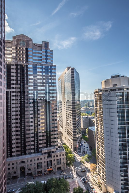 Street view with skyscrapers reflected ... | Stock image | Colourbox