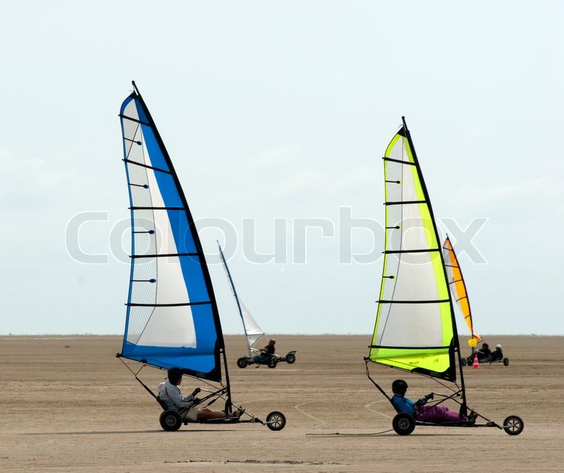 Fun with land sailing on the big beach ... | Stock image | Colourbox