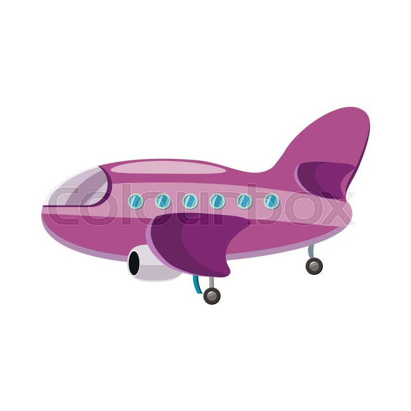 Purple plane icon in cartoon style isolated on white background ...